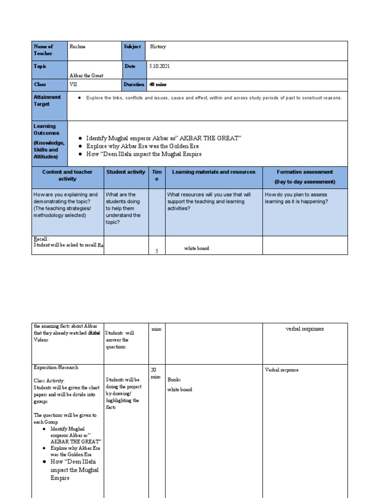 Lesson Plan Akbar 8-10nov | PDF | Educational Assessment | Learning