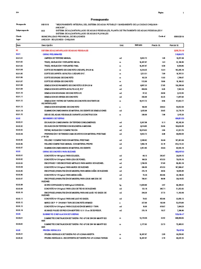 Pto Desague, Ptar y Pluvial Chiquian | PDF | Alcantarillado | Hormigón