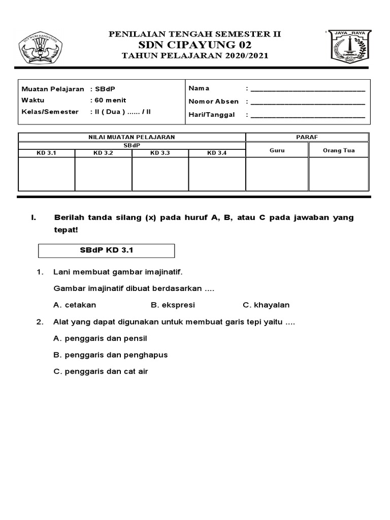 SOAL PTS II SBDP KELAS 2 | PDF
