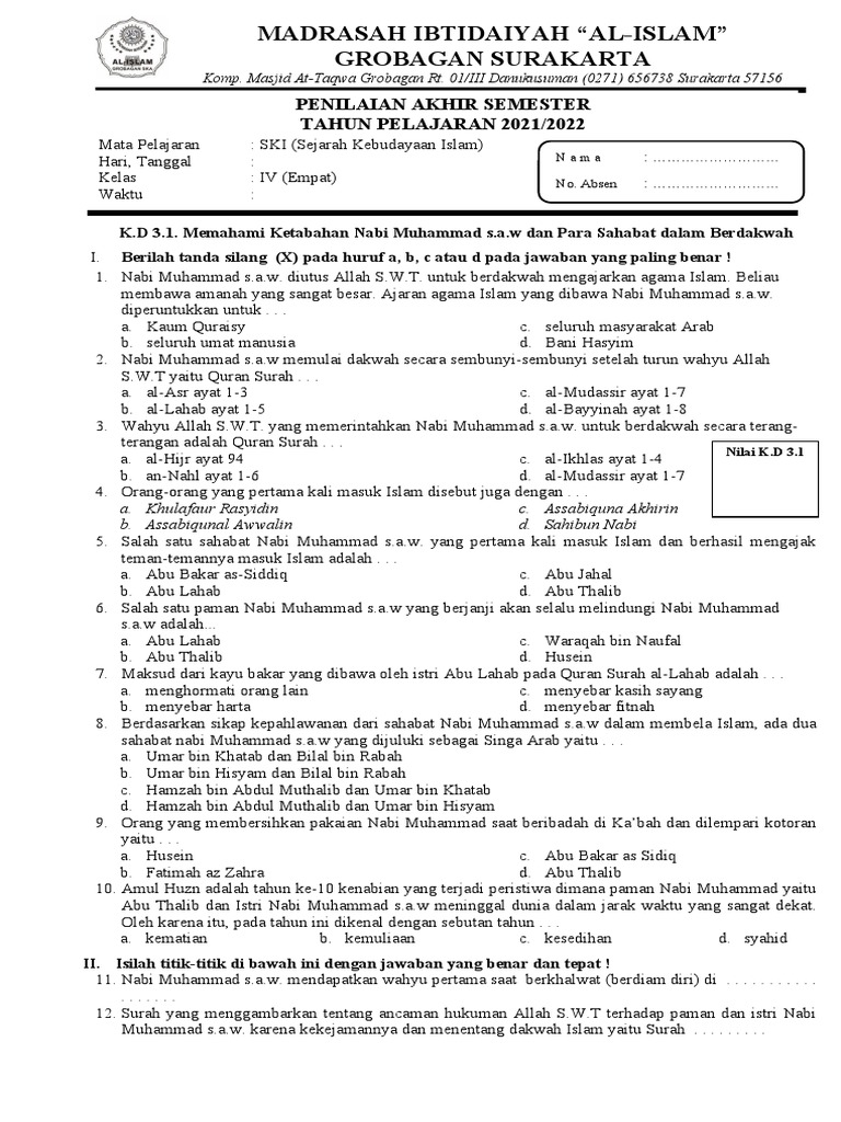 Soal Ski Kelas 4 Pas 1 | PDF