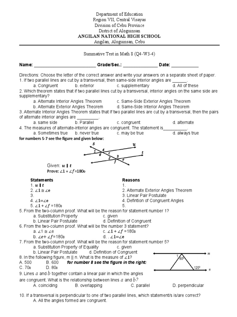 Math 8 Summative Test on Angles | PDF | Mathematics | Elementary ...