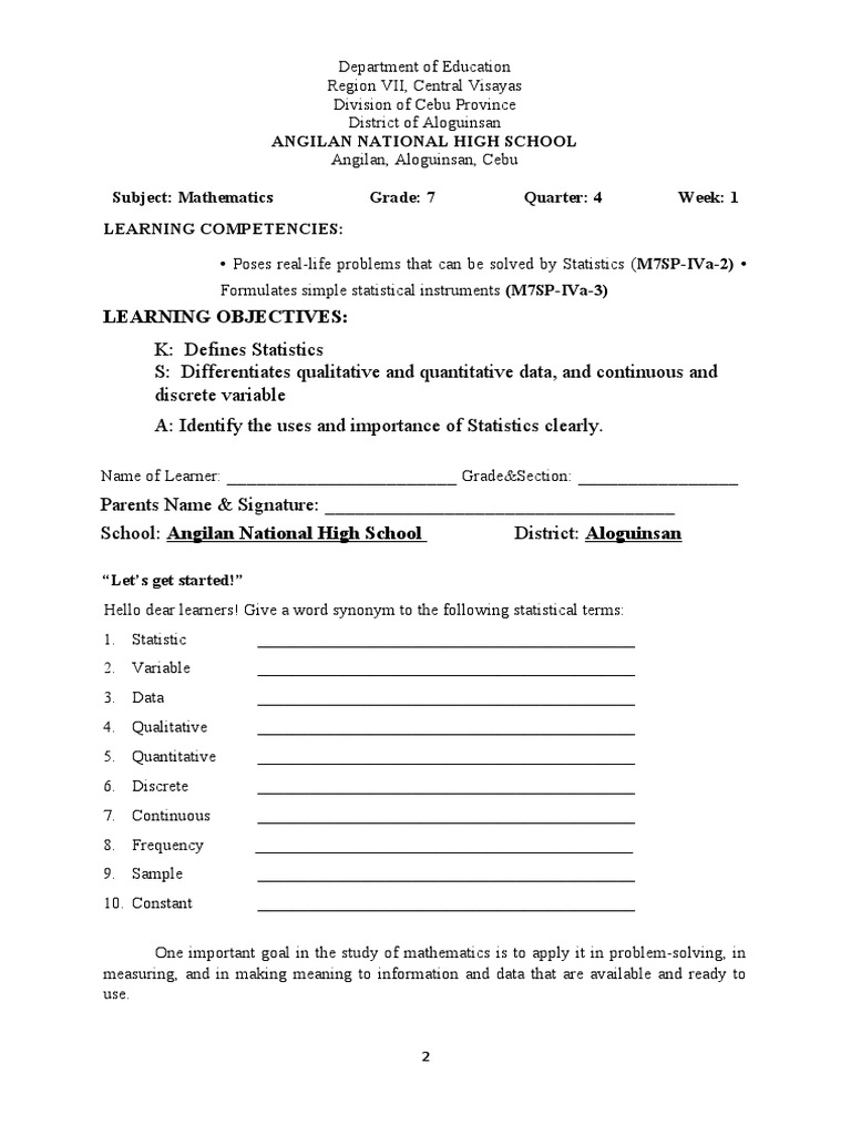 Activity Sheet in Math 7 4th Quarter | PDF | Statistics | Data