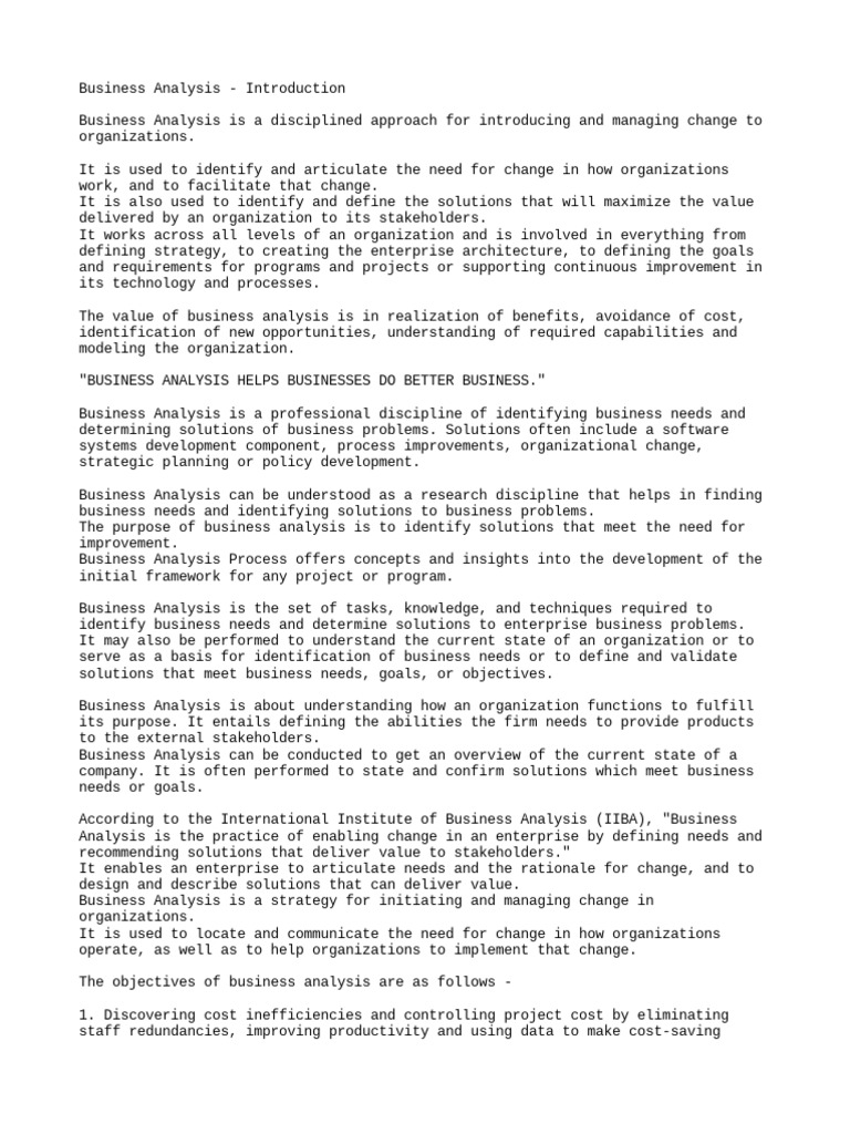 Business Analysis - Introduction | PDF | Business Analysis | Strategic ...