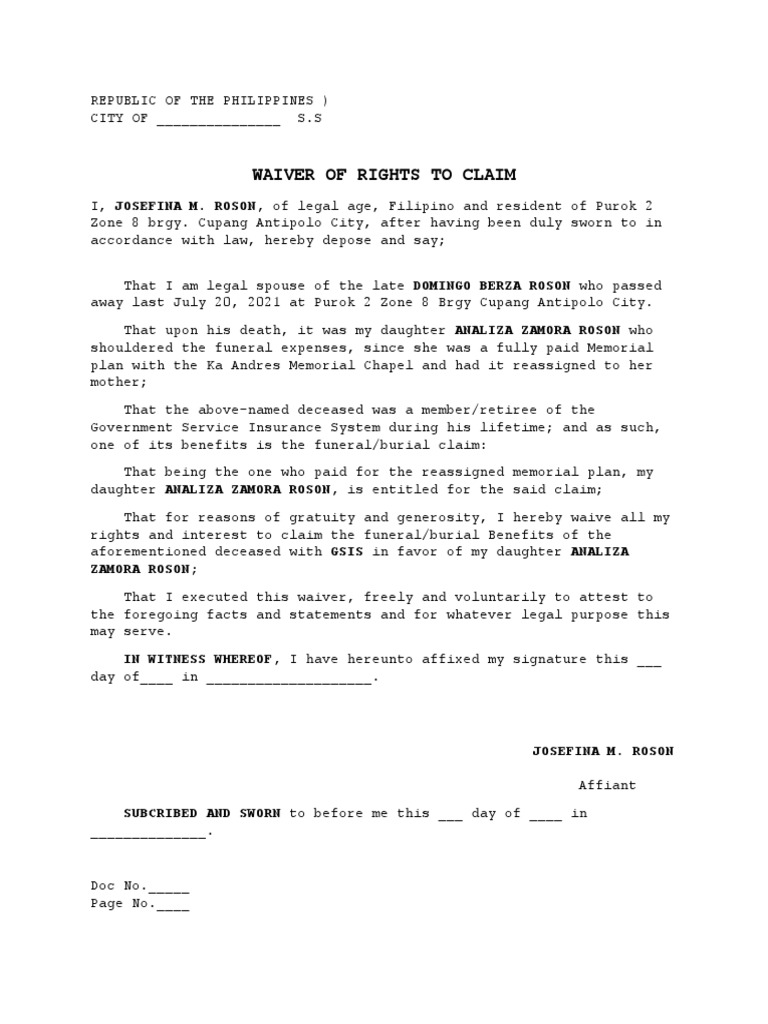 Waiver of Funeral Claim Rights Document | PDF | Law