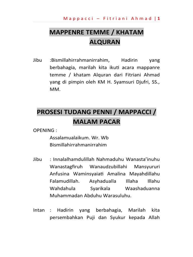 Naskah Acara Mappacci Fitriani Ahmad | PDF