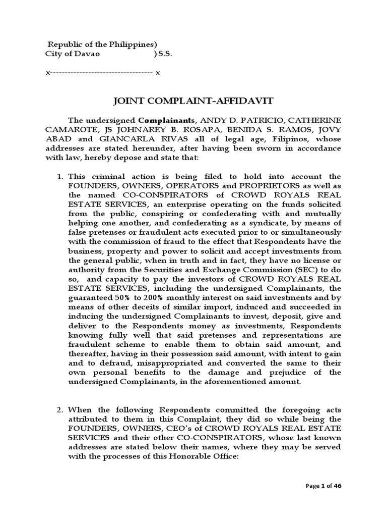 Draft Joint Affidavit Complaint Syndicated Estafa | PDF | Fraud | Common Law