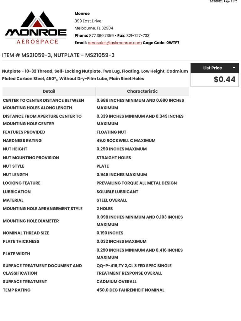 ITEM # MS21059-3, NUTPLATE - MS21059-3: 399 East Drive Melbourne, FL ...