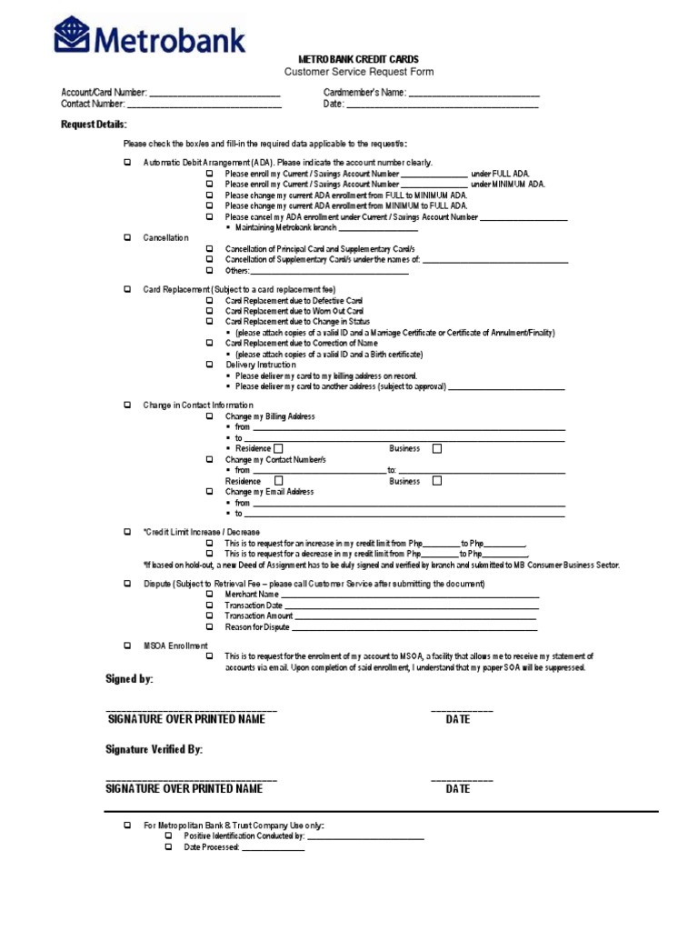 Updated Customer Service Request Form 2020 | PDF | Credit Card | Banking
