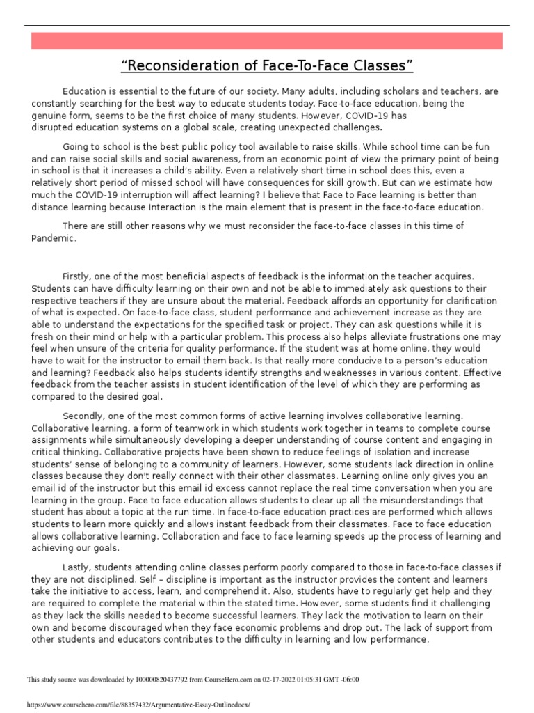 Argumentative Essay Outline | PDF | Distance Education | Educational ...