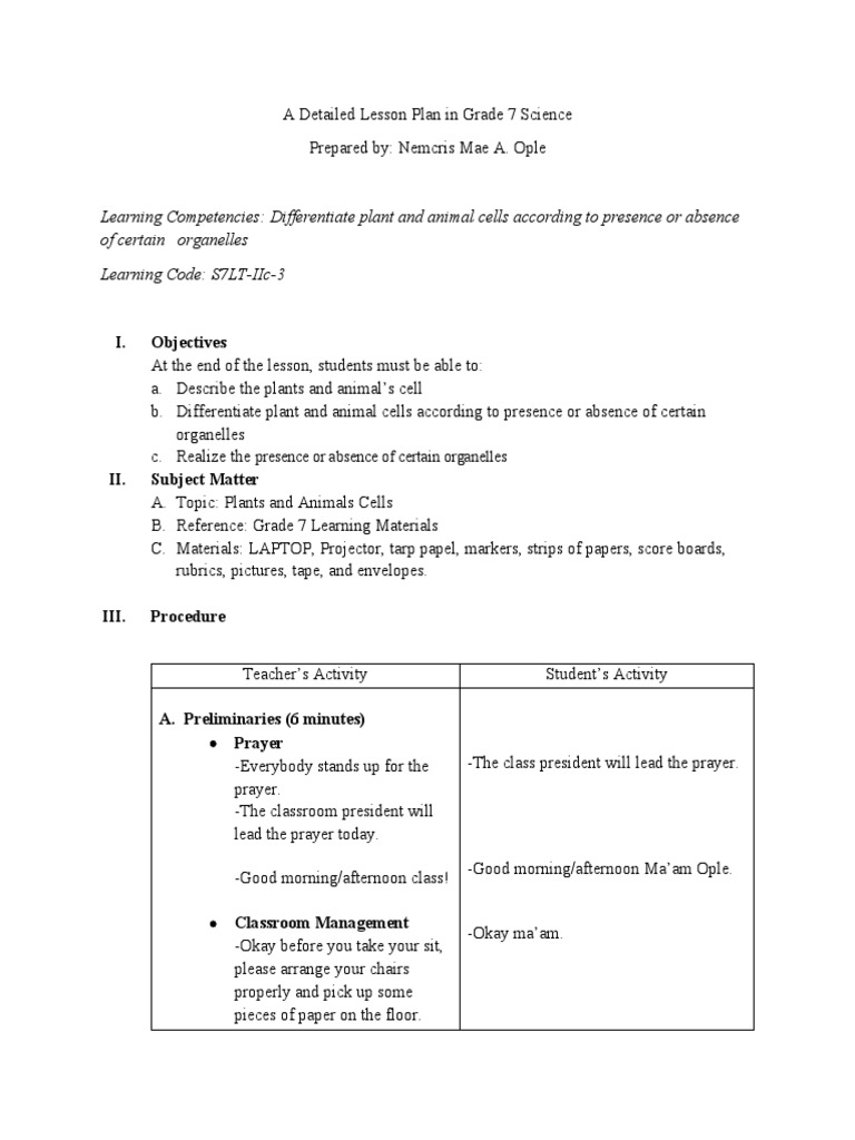 Lesson Plan Cells | PDF | Classroom | Lesson Plan