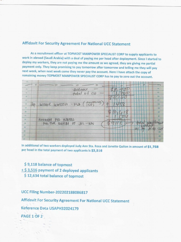 Affidavit For Security Agreement For National UCC Statement | PDF