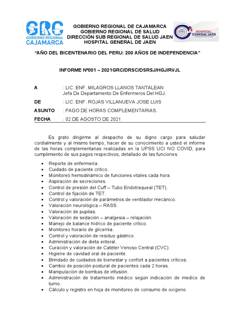 Informe Horas Complementarias Jaen | PDF | Unidad de Cuidados Intensivos | Ciencias de la Salud