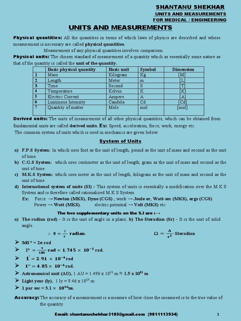 Units and Measurement MCQ | PDF | Kilogram | Force