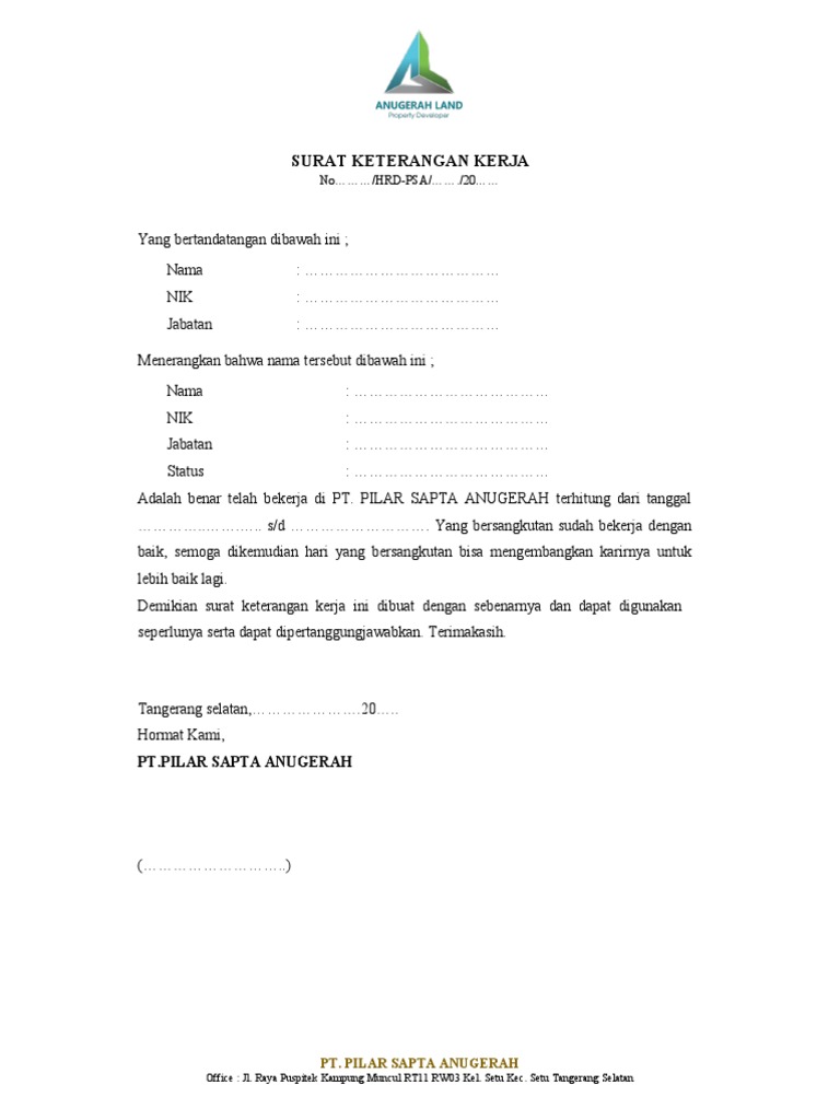 Form Keterangan Kerja (Paklaring) | PDF