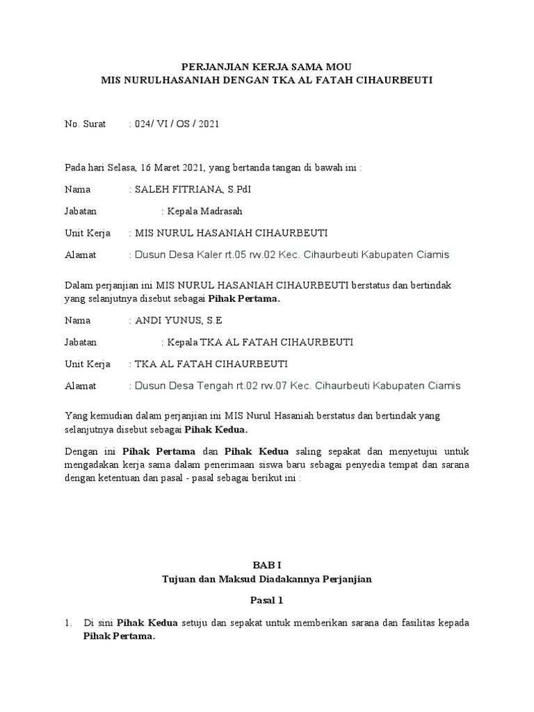 Contoh Mou Kontrak Kerjasama Dengan Lembaga Pdf