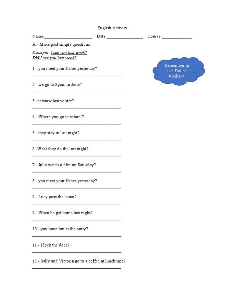 Simple Past Questions Exercise | PDF