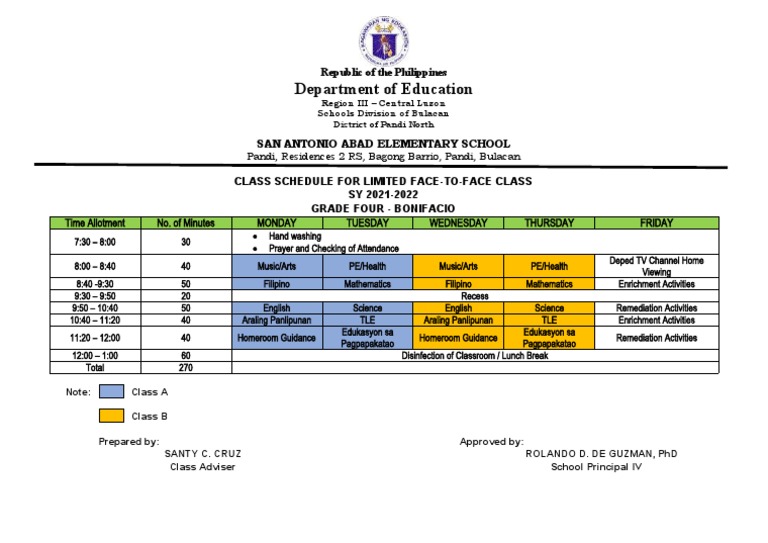 Class Schedule For Limited f2f | PDF | Educational Institutions | Philippines
