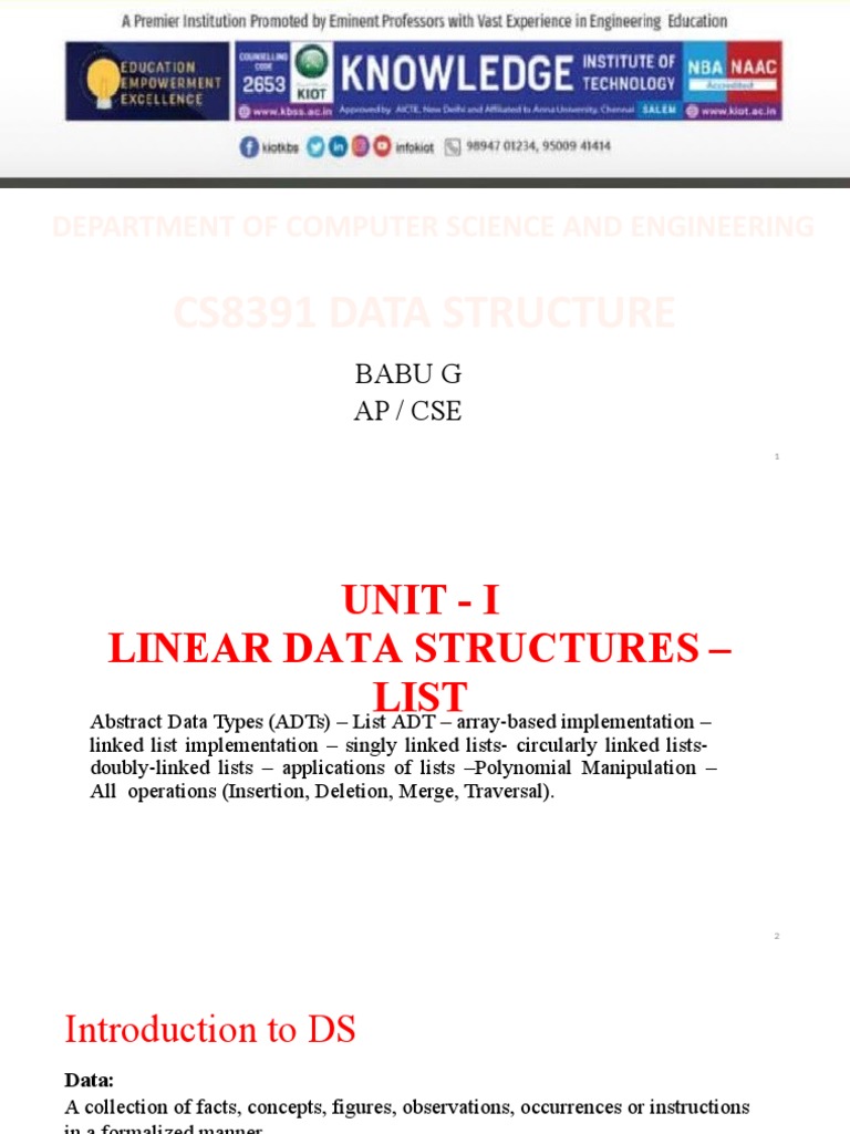 Department of Computer Science and Engineering: Cs8391 Data Structure | PDF | Array Data ...