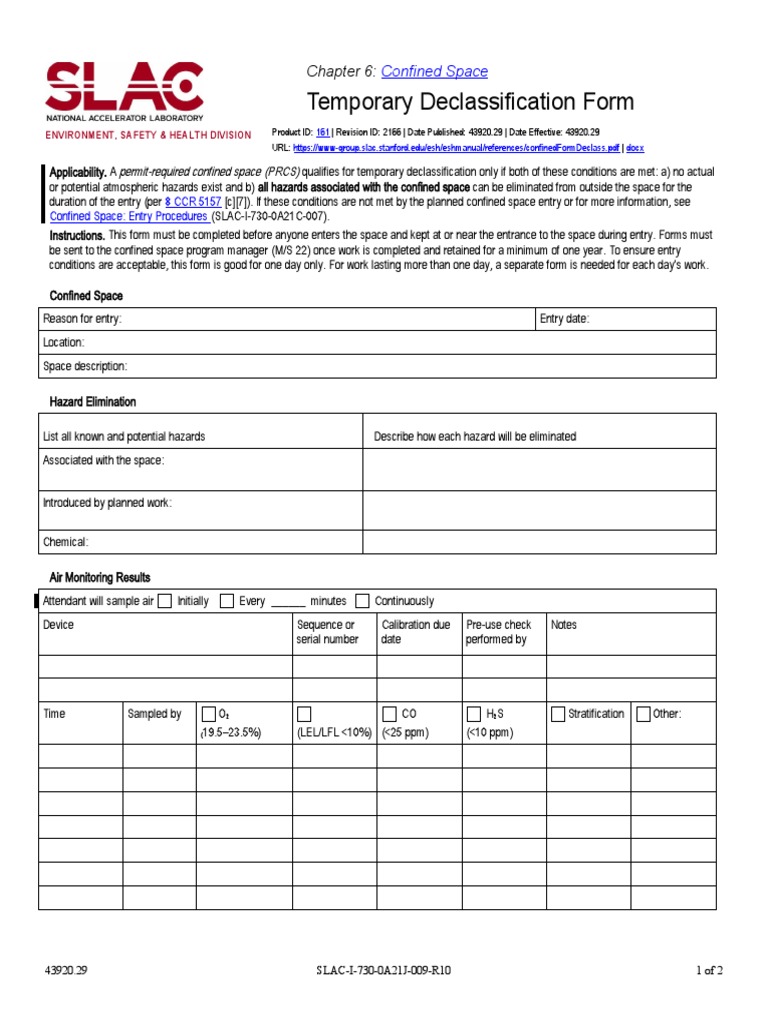 Temporary Declassification Form: Confined Space | PDF | Working ...