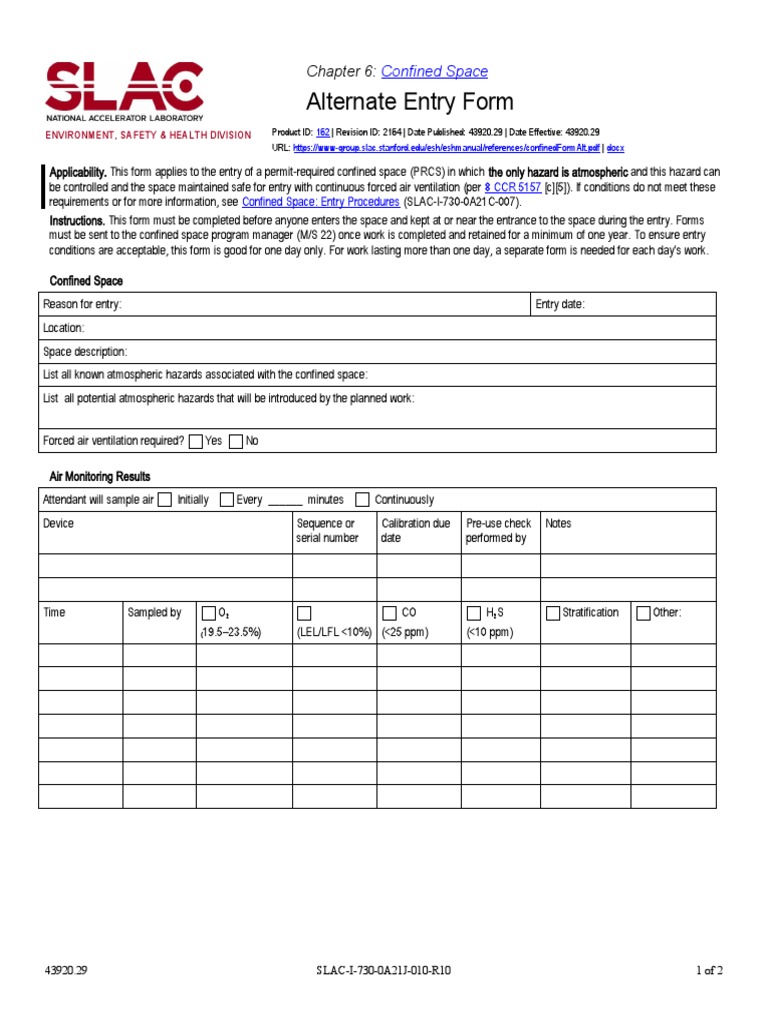 Alternate Entry Form: Confined Space | PDF | Workplace | Occupational ...