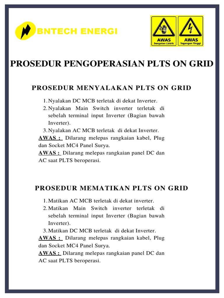 Prosedur Pengoperasian PLTS On Grid | PDF