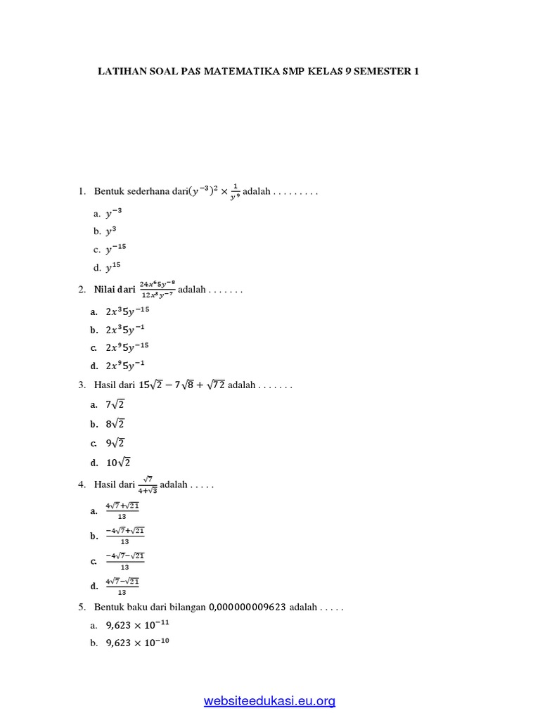 Latihan Soal PAS Matematika Kelas 9 SMP | PDF