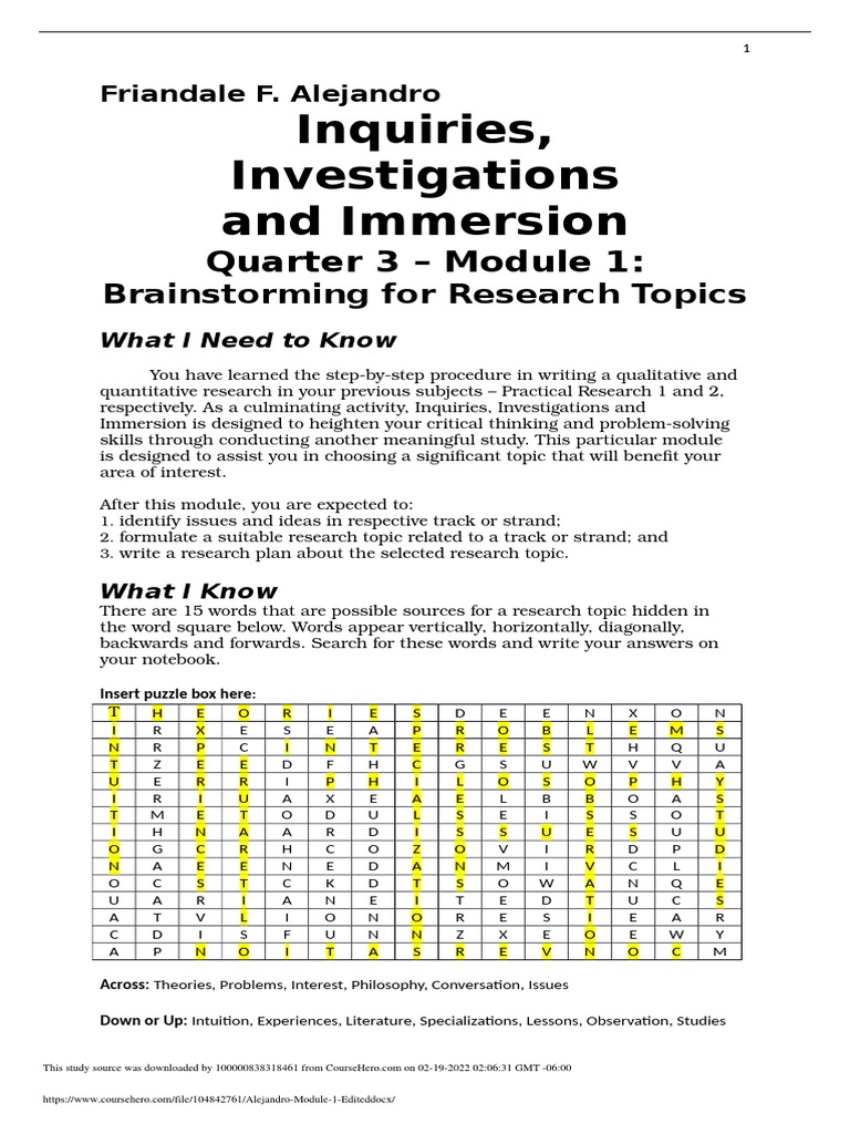 Inquiries, Investigations and Immersion: Quarter 3 - Module 1 | PDF ...