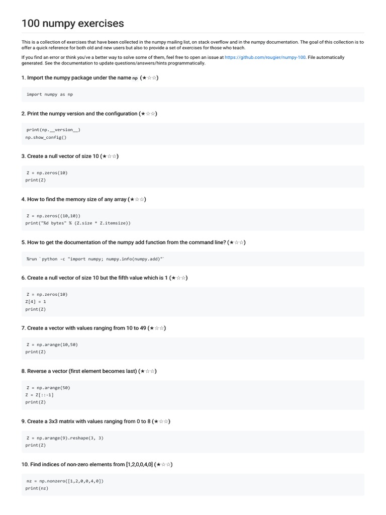 100 Numpy Exercises 100 Numpy Exercises Np Np Pdf Array Data 