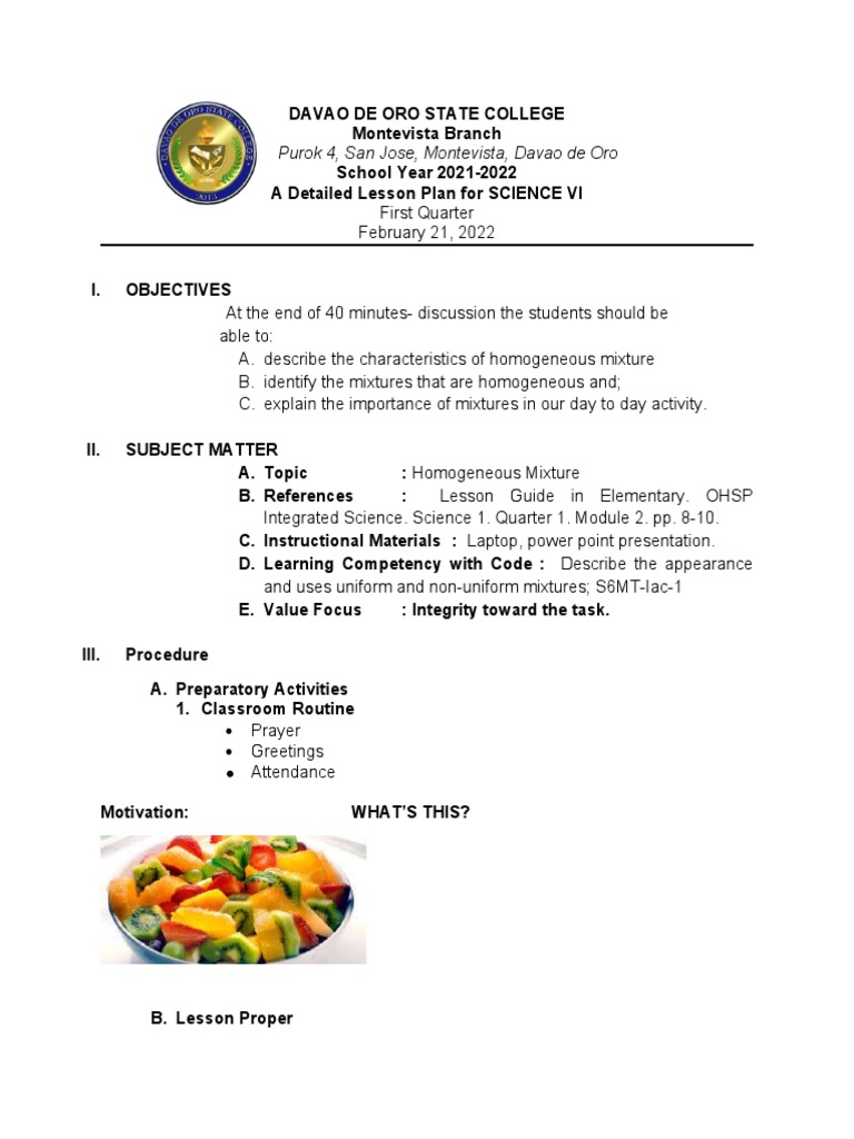 Homogeneous Mixtures Lesson Plan | PDF | Mixture | Lesson Plan