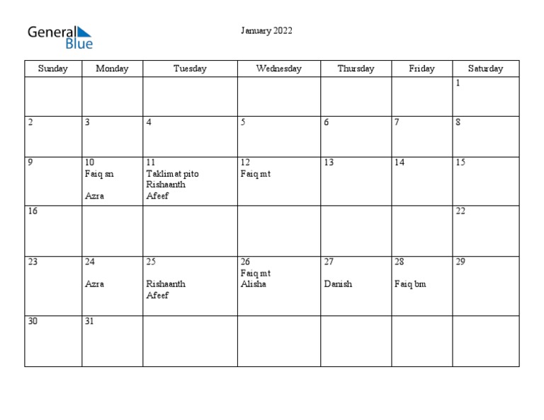 2022 01 January Calendar en | PDF