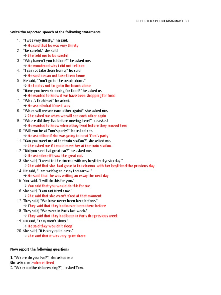 Reported Speech Grammar Test | PDF | Language Arts & Discipline | Art