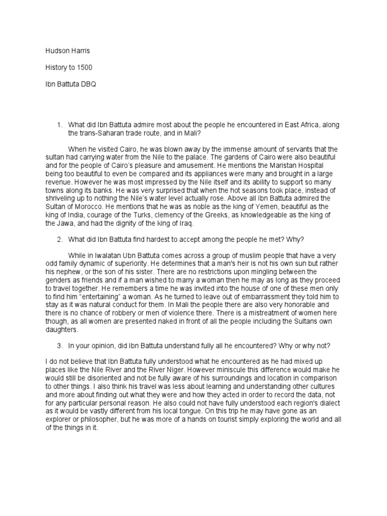 Ibn Battuta DBQ - Hudson Harris | PDF | History | Religion & Spirituality