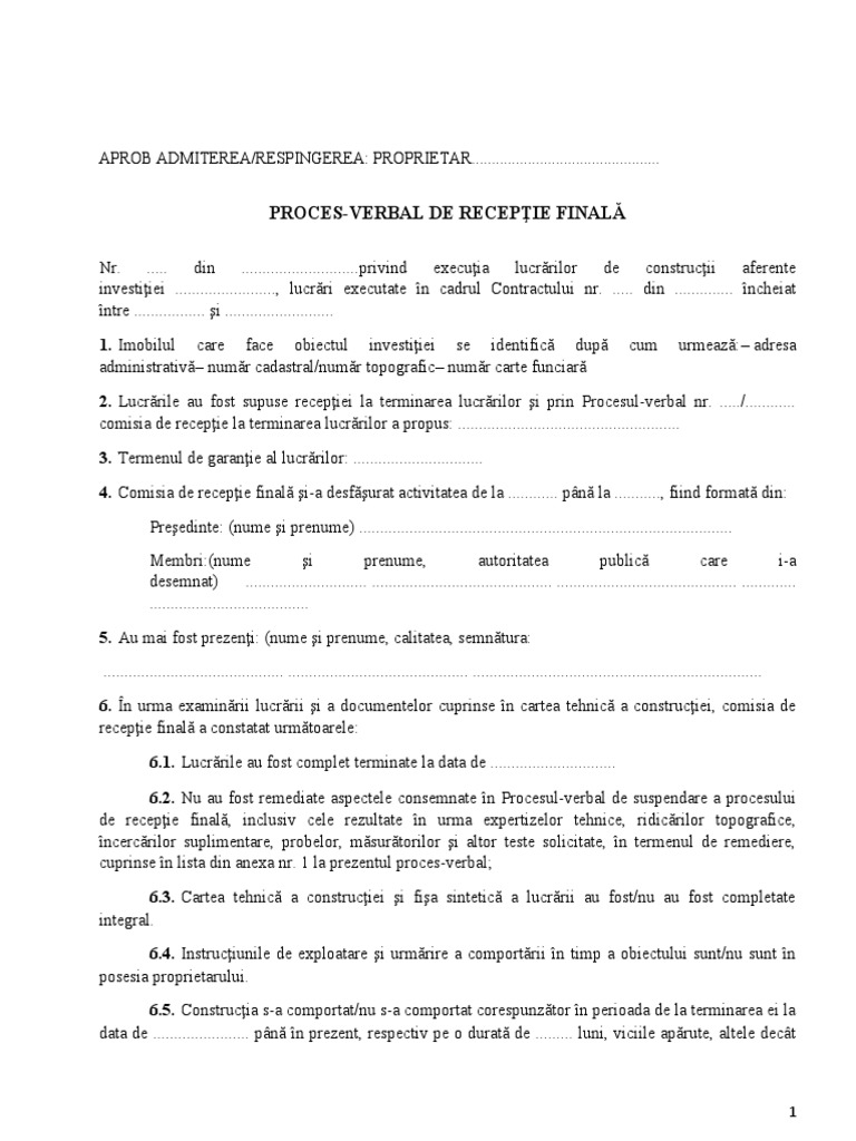 Anexa 4 La Regulament Model Proces Verbal de Receptie Finala | PDF