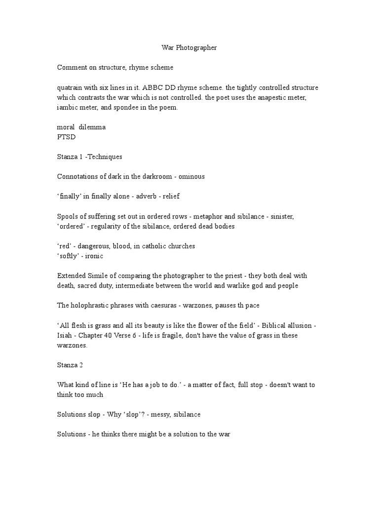 War Photographer | PDF | Poetry | Metre (Poetry)