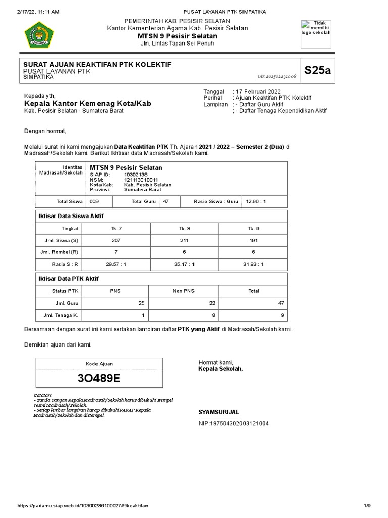 Kepala Kantor Kemenag Kota/Kab: MTSN 9 Pesisir Selatan | PDF