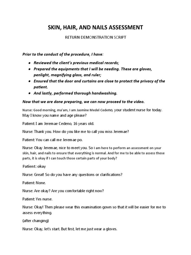 Skin, Hair, and Nails Assessment: Prior To The Conduct of The Procedure ...