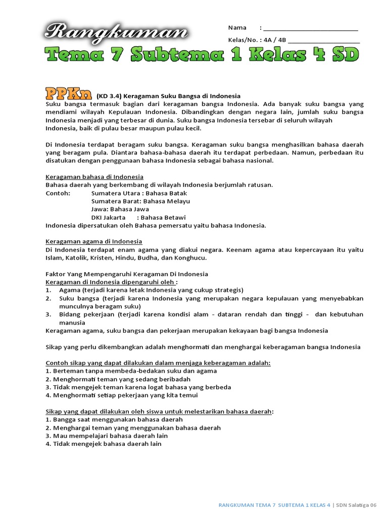Rangkuman Tema 7 Subtema 1 Kelas 4 SD BI PPKN IPS SBDP | PDF