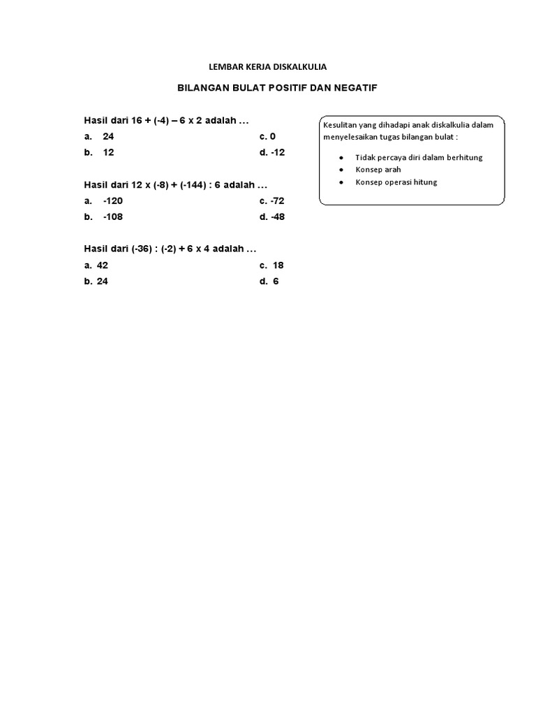 Lembar Kerja Diskalkulia | PDF