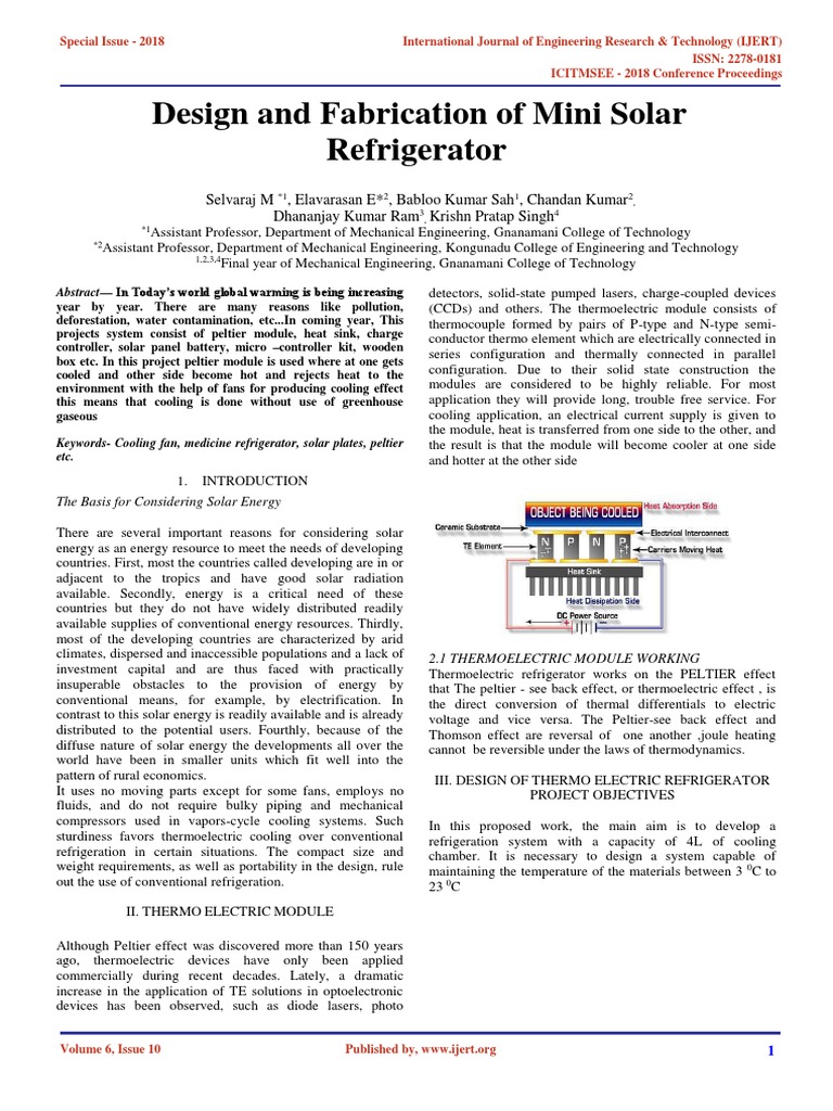 Design and Fabrication of Mini Solar Refrigerator | PDF | Solar Energy ...