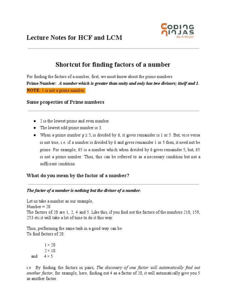 Lecture Notes For HCF and LCM: Some Properties of Prime Numbers | PDF ...