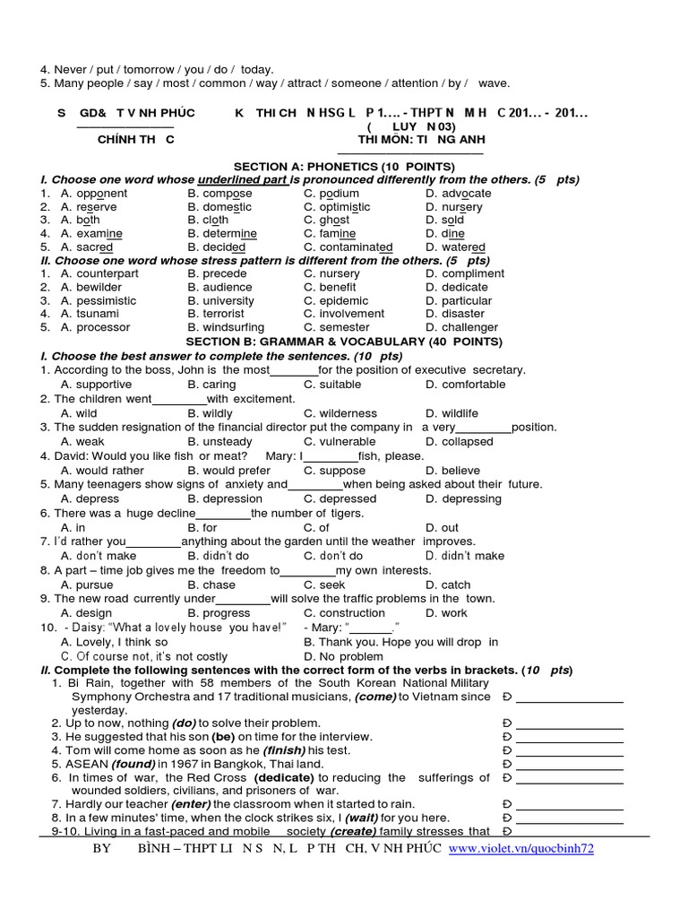 S GD& T V NH Phúc K Thi CH N HSG L P 1 . - THPT N M H C 201 - 201 - (Luy N 03) Chính TH C Thi ...