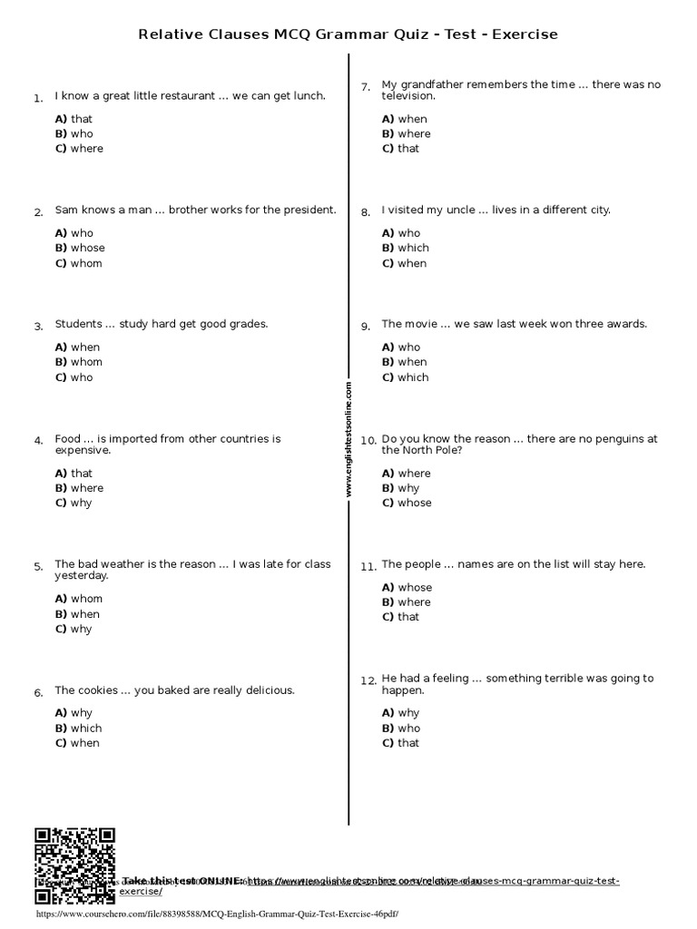 Relative Clauses MCQ Grammar Quiz - Test Your Knowledge of Relative ...