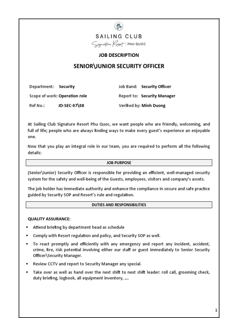 Senior/Junior Security Officer: Job Description | PDF | Security Guard ...