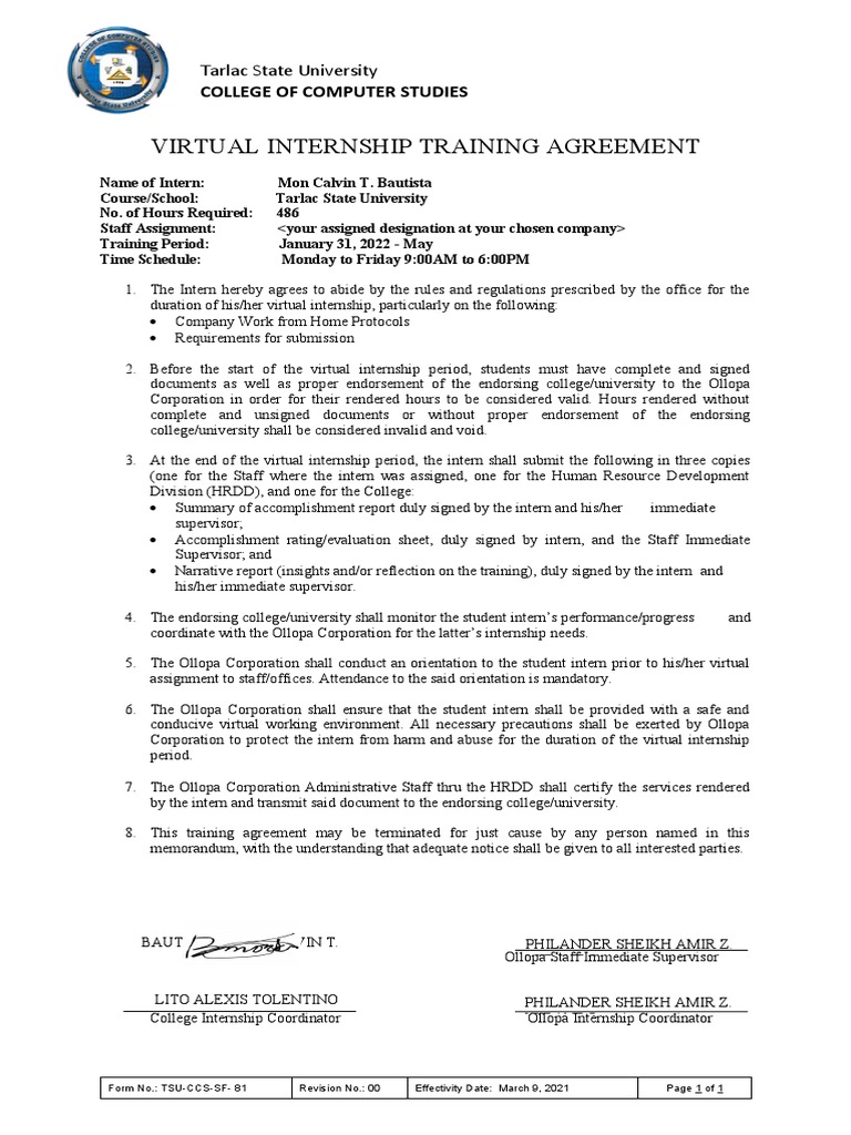 Virtual Internship Training Agreement: College of Computer Studies | PDF | Internship | Job Hunting