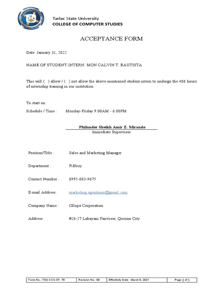 Acceptance Form: College of Computer Studies | PDF