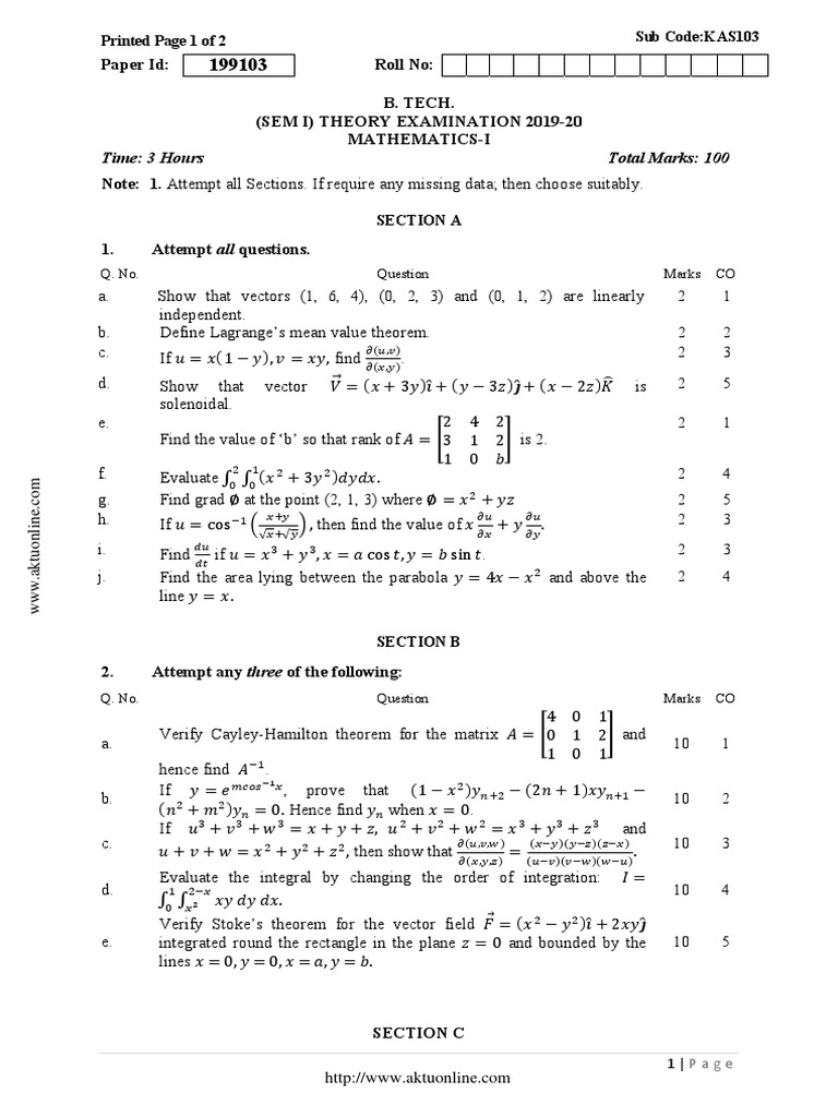Btech-1-Sem 1 Sample Paper | PDF | System Of Linear Equations | Mathematics