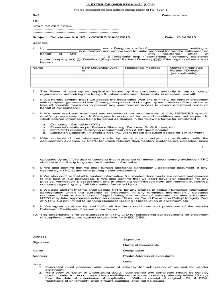 NTPC Letter of Undertaking 1 | PDF