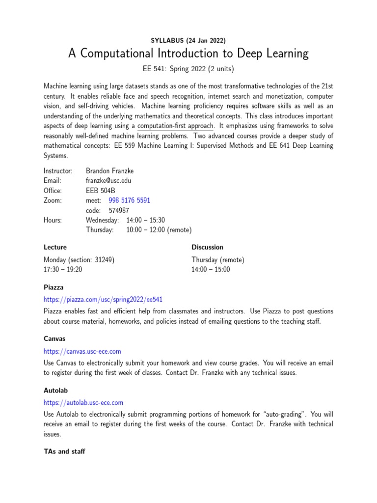 Syllabus Ee541 22sp | PDF | Deep Learning | Learning