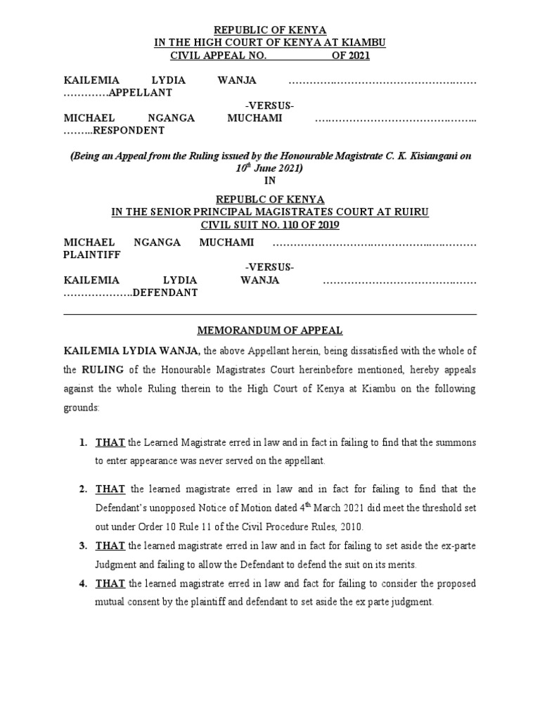 Memorandum of Appeal Kenya | PDF | Lawsuit | Appeal