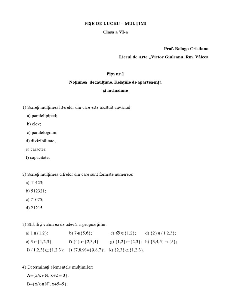 Fise-de-lucru-Multimi Clasa 6 | PDF